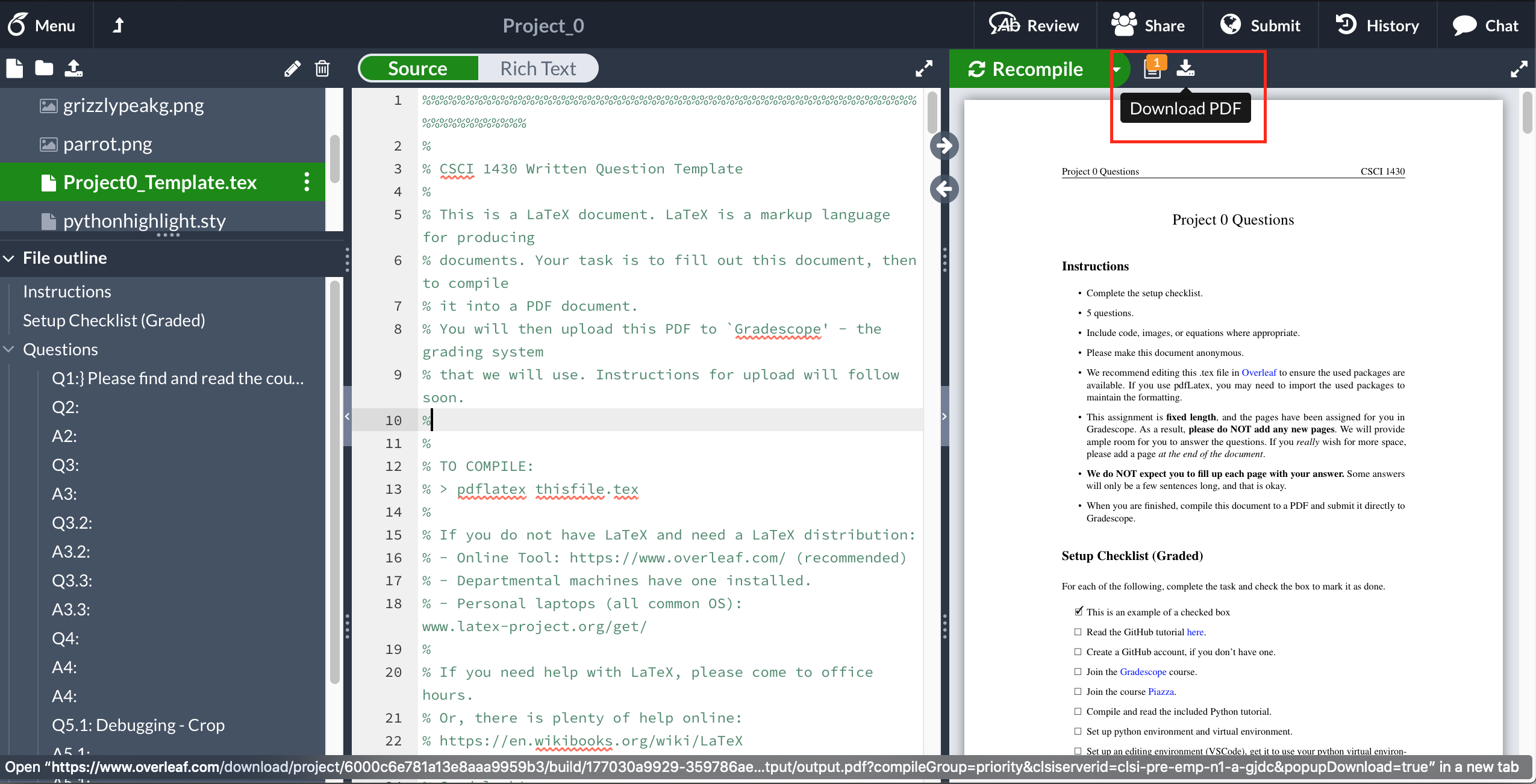 Screenshot of PDF download button in Overleaf